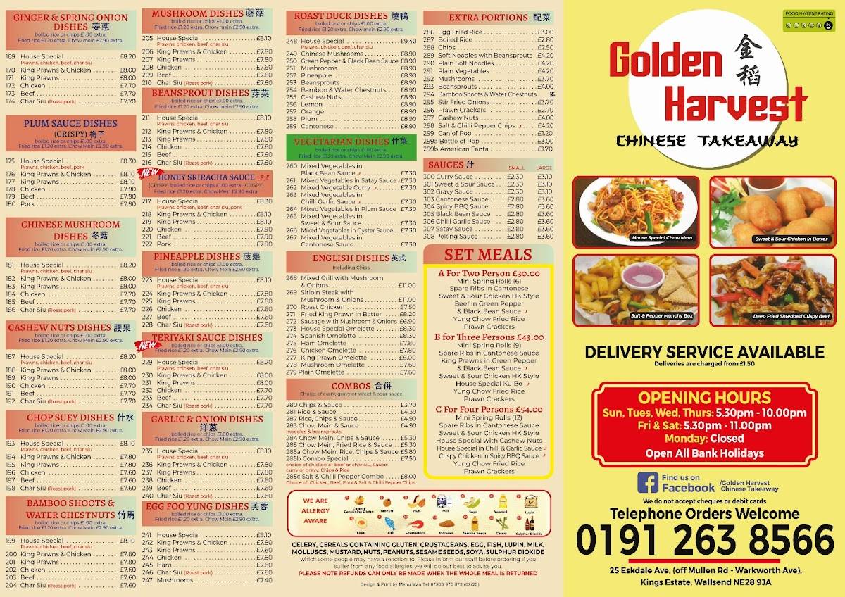 Menu at Golden Harvest restaurant, Newcastle upon Tyne