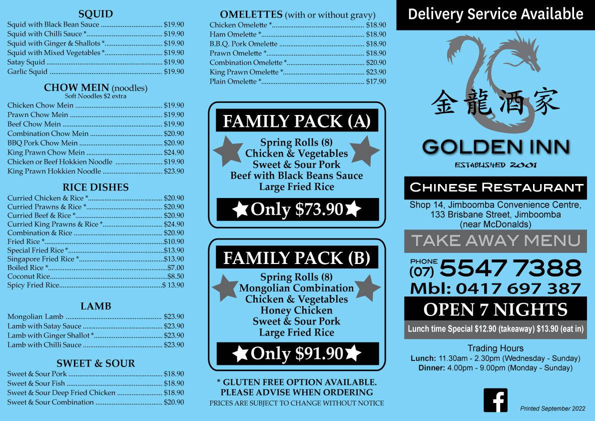 Menu at Golden Inn Chinese Restaurant, Jimboomba, 14/133 Brisbane St