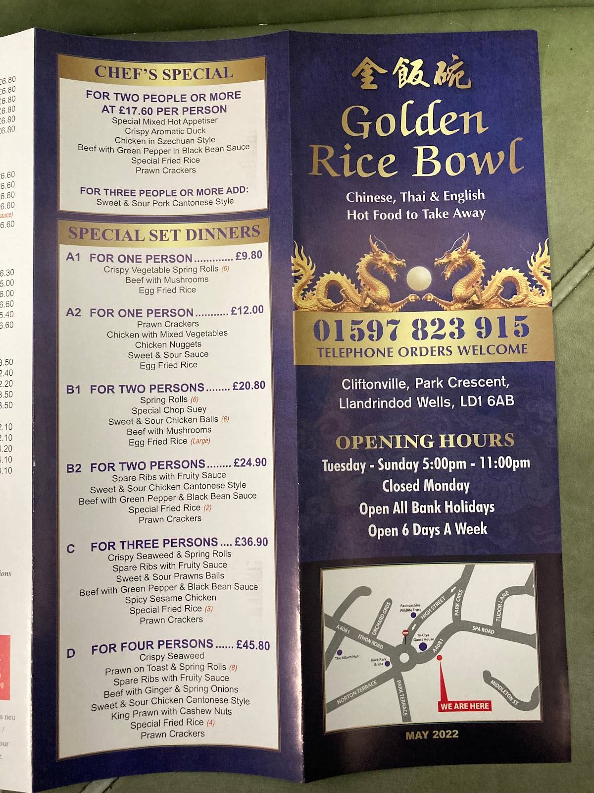 Menu at Golden Rice Bowl fast food, Llandrindod Wells