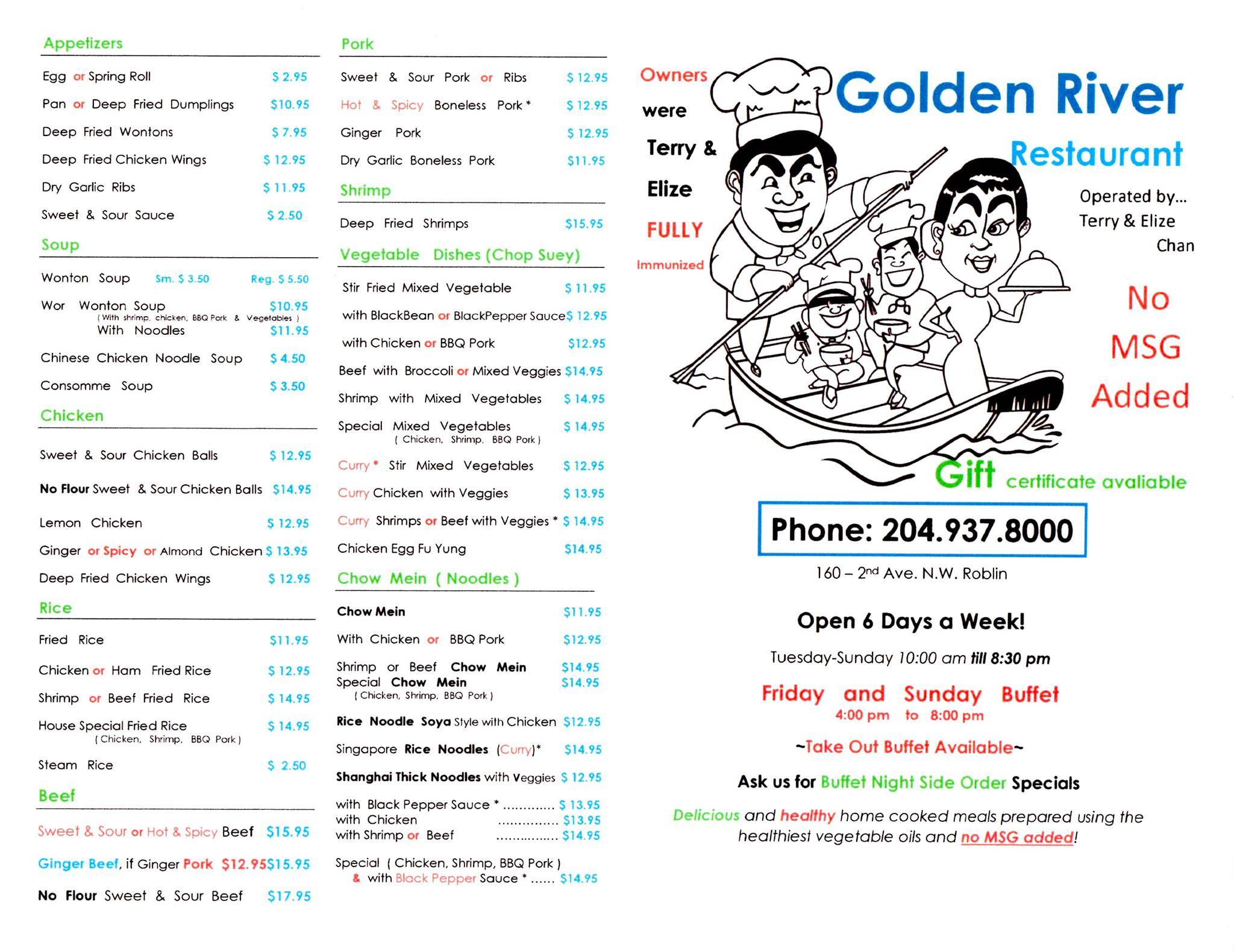 Menu at Golden River Restaurant, Roblin