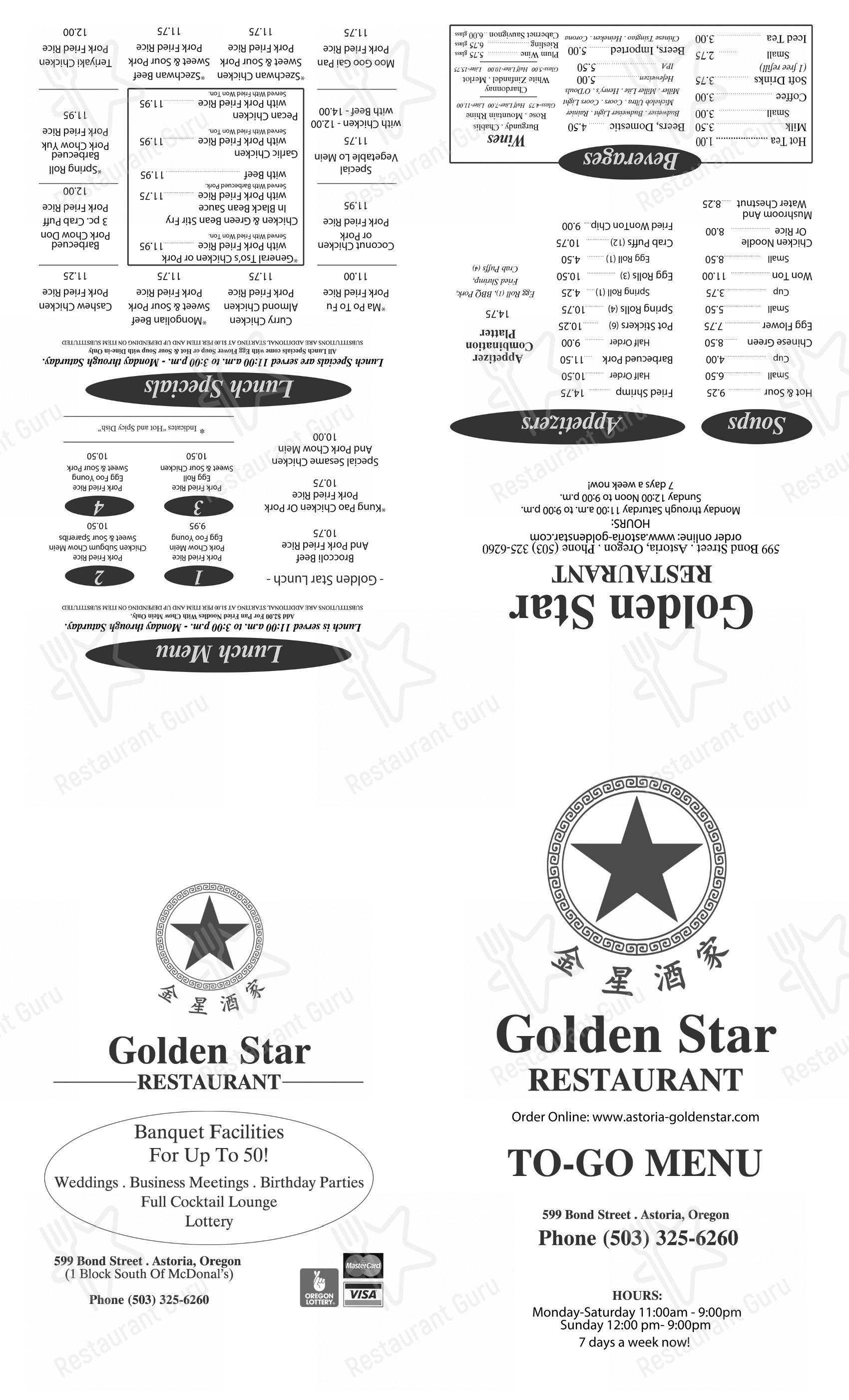 Menu at Golden Star Restaurant, Astoria