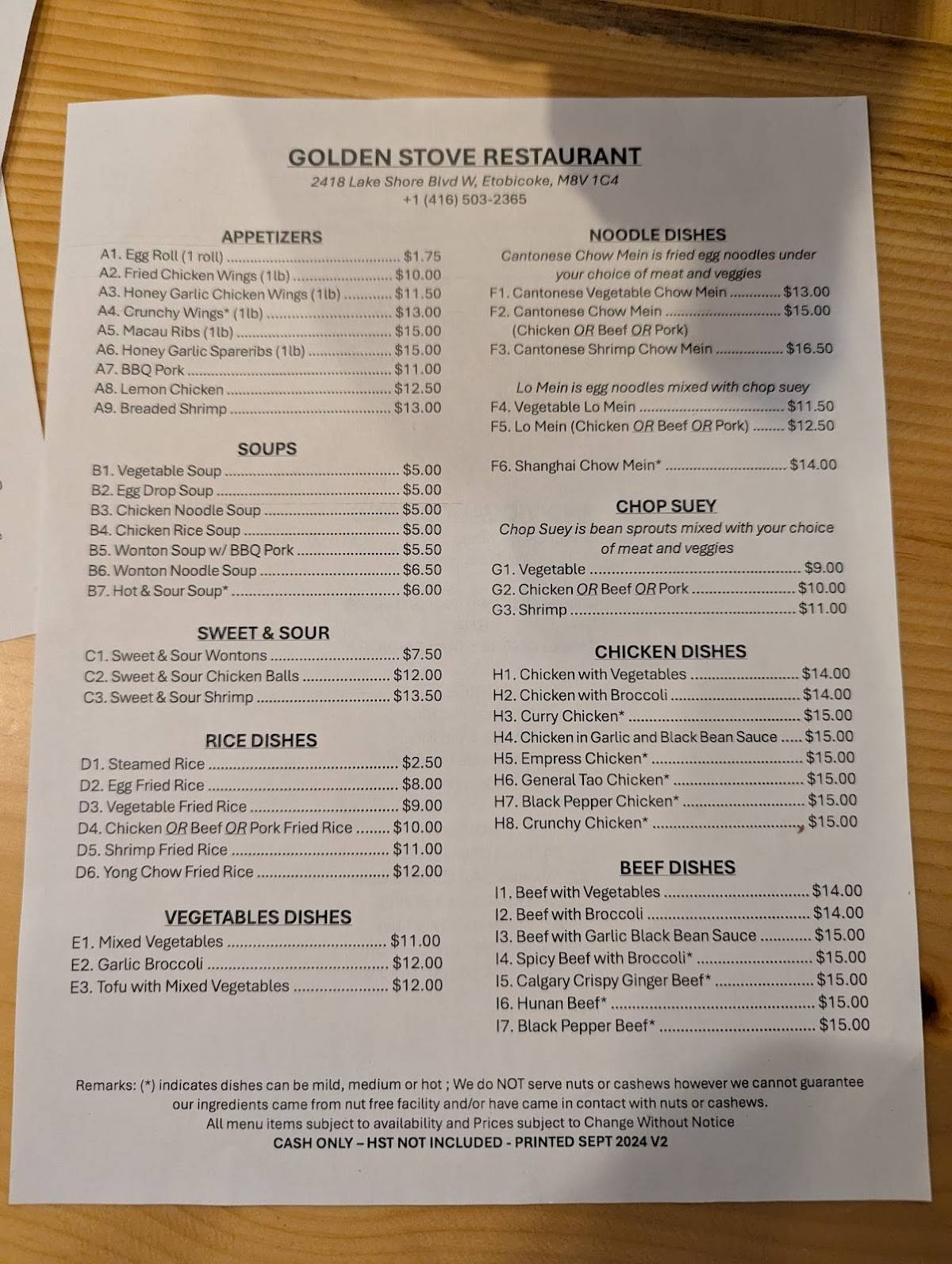 Menu at Golden Stove restaurant, Toronto