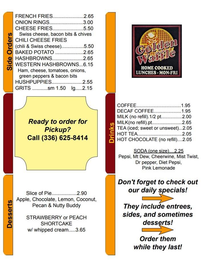 Menu at Golden Waffle restaurant, Asheboro