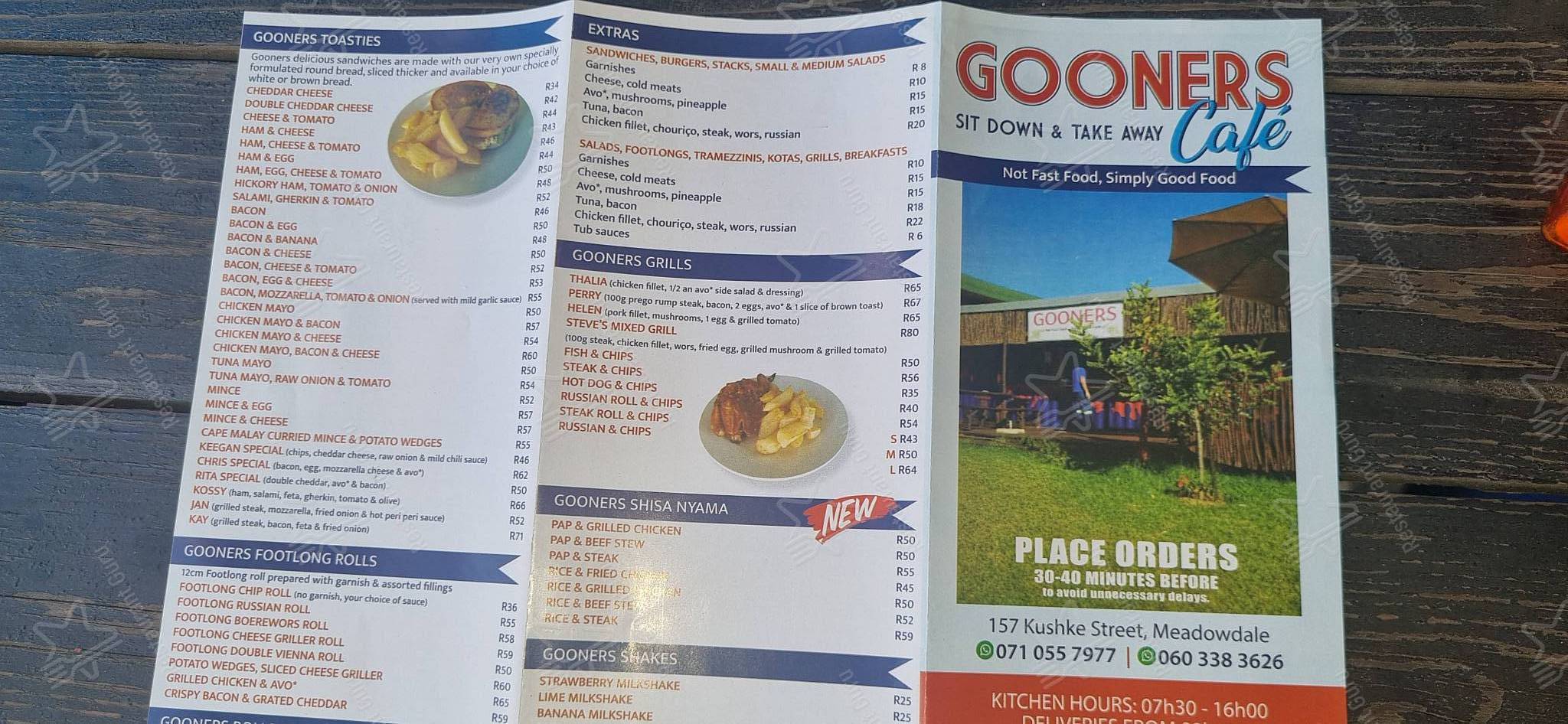 Menu at Gooners Cafe, Germiston