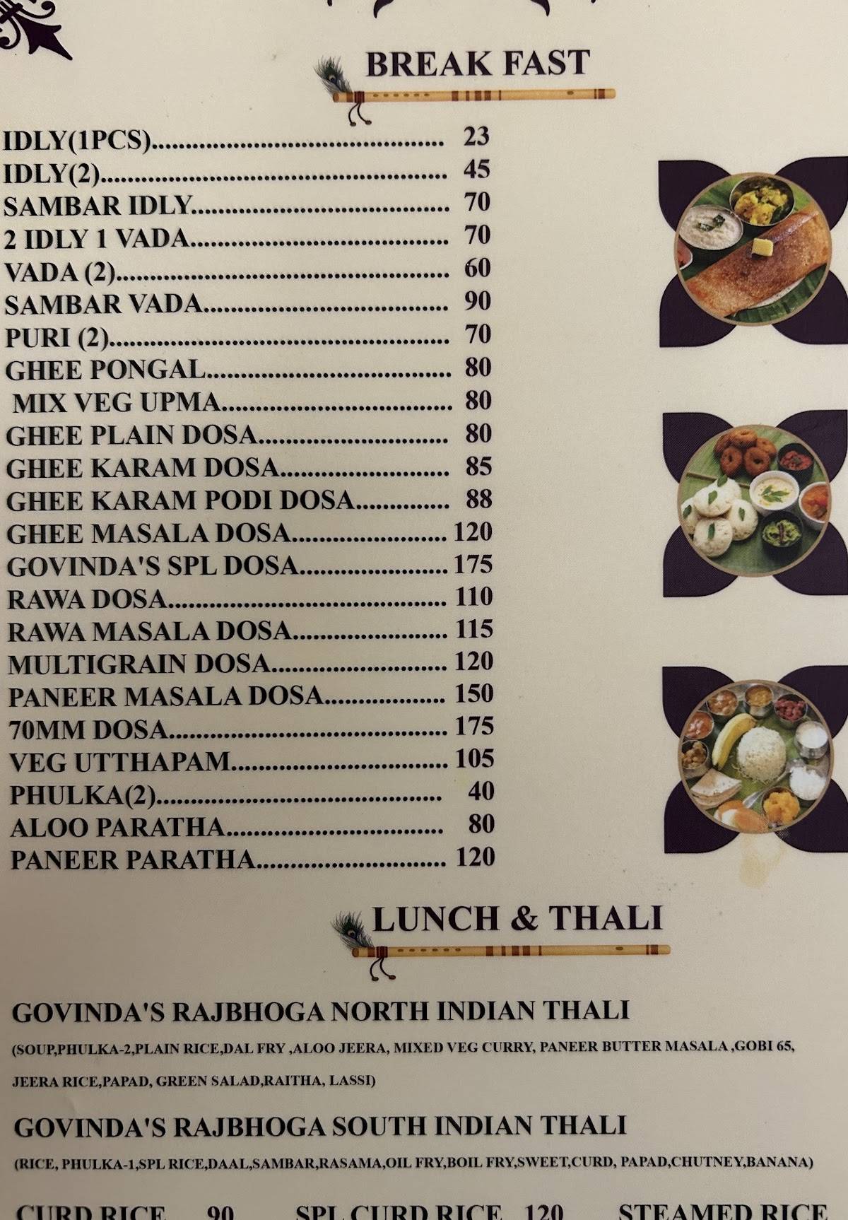 Menu at Govinda's Veg Restaurant, ISKCON TEMPLE, Tirupati