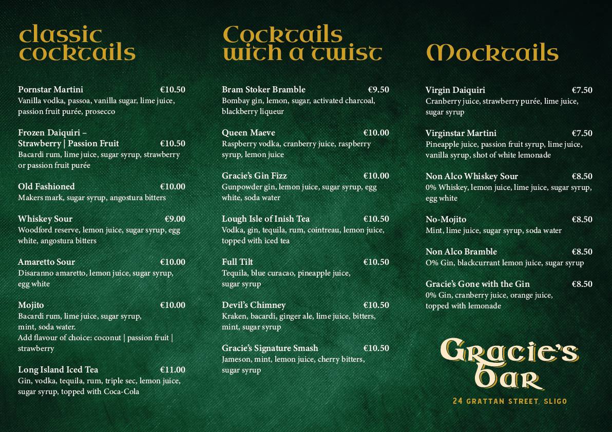 Menu at Gracie's Bar Sligo, Sligo