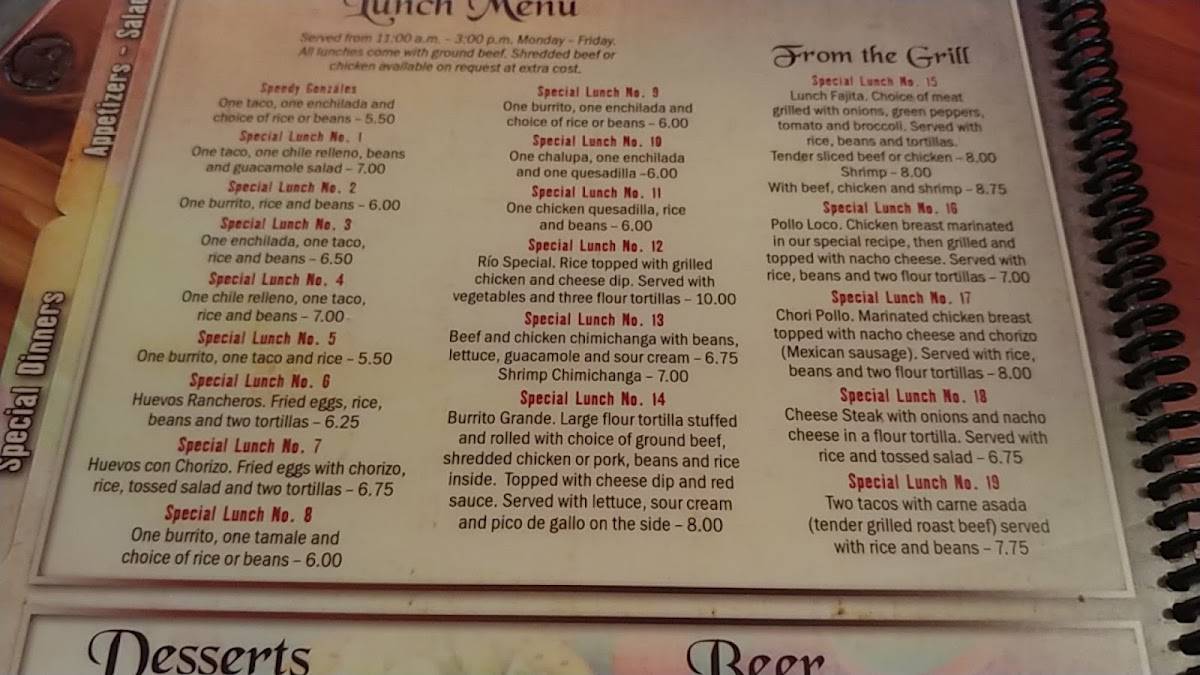 Menu at Gran Rio Mexican Restaurant, Hannibal