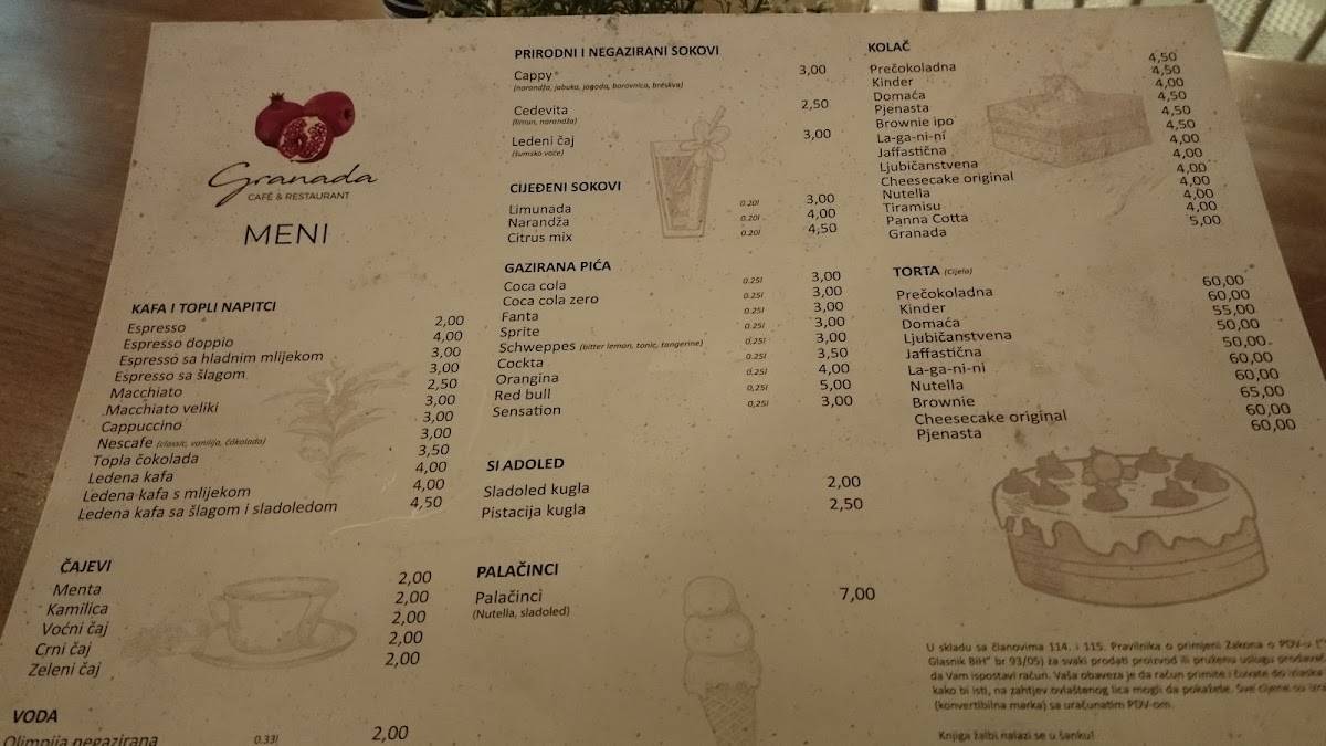 Menu at Granada café & restaurant, Gnojnice