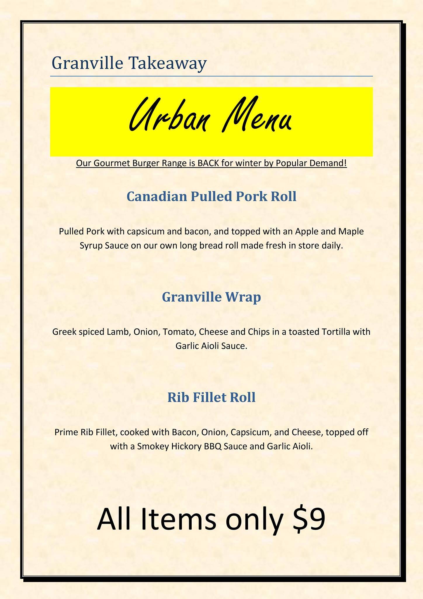 Menu at Granville Take Away restaurant, Maryborough