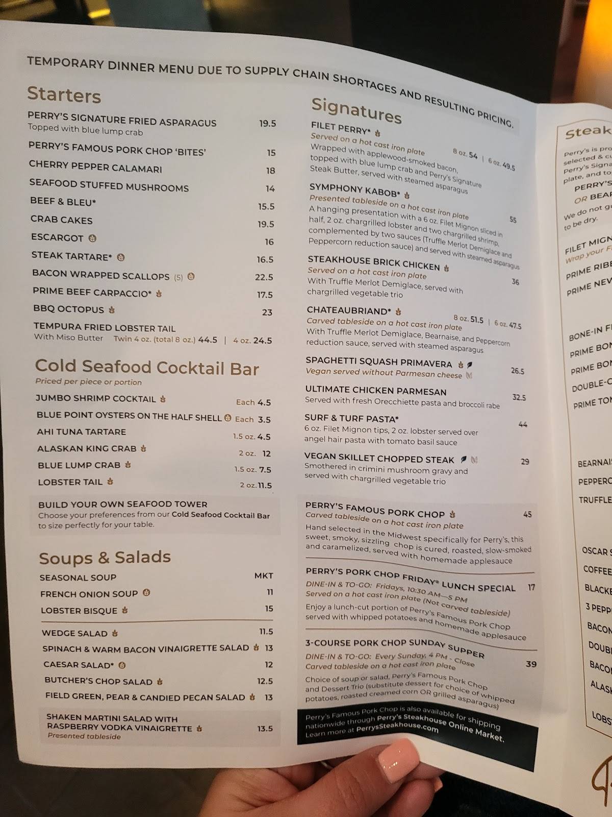 Menu at Perry's Steakhouse & Grille, Grapevine