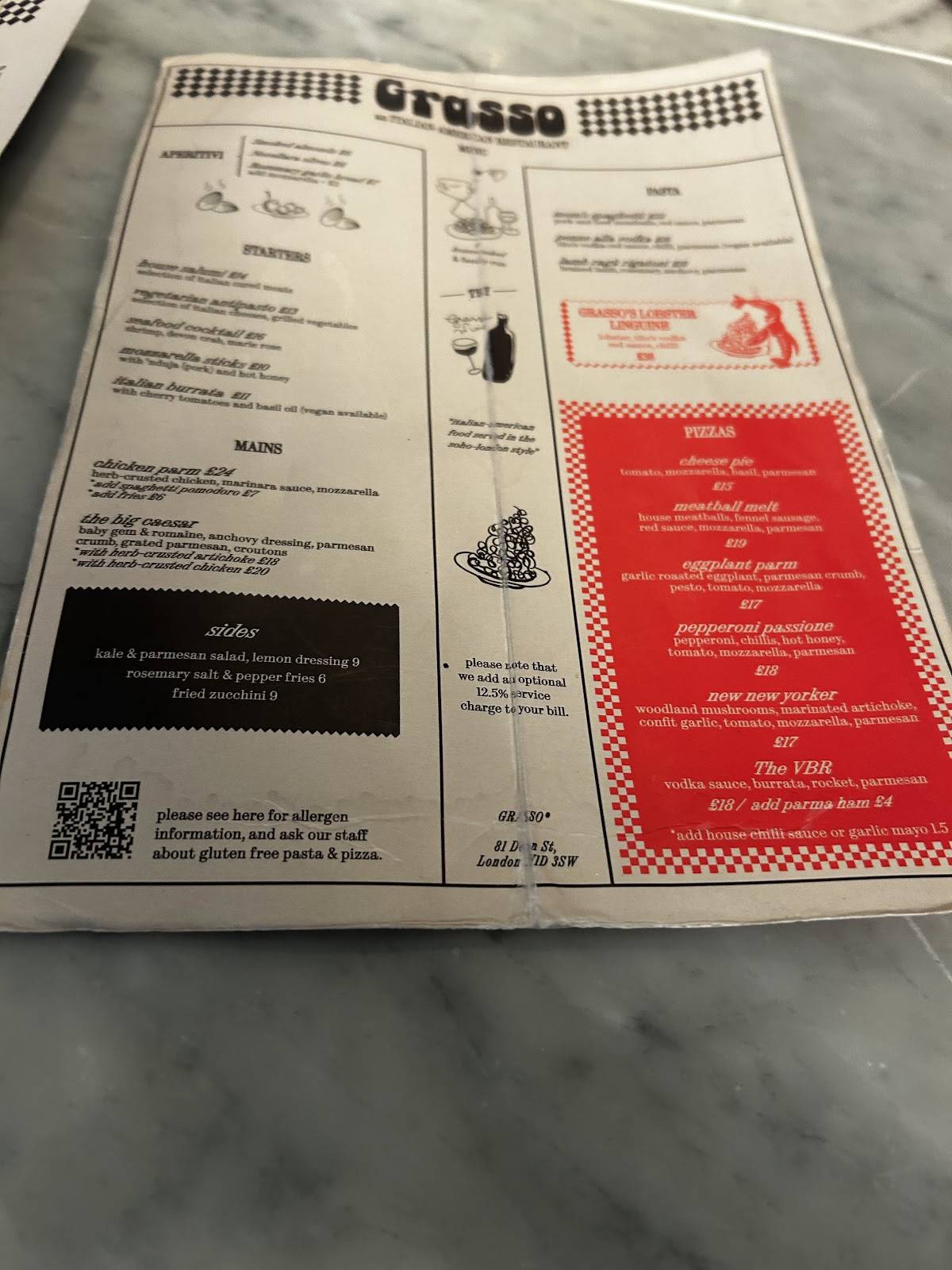 Menu w Grasso restauracja, Londyn