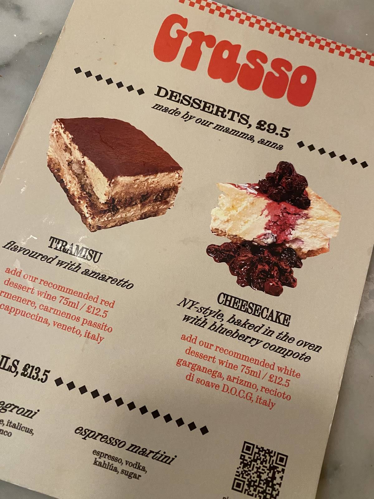 Menu w Grasso restauracja, Londyn