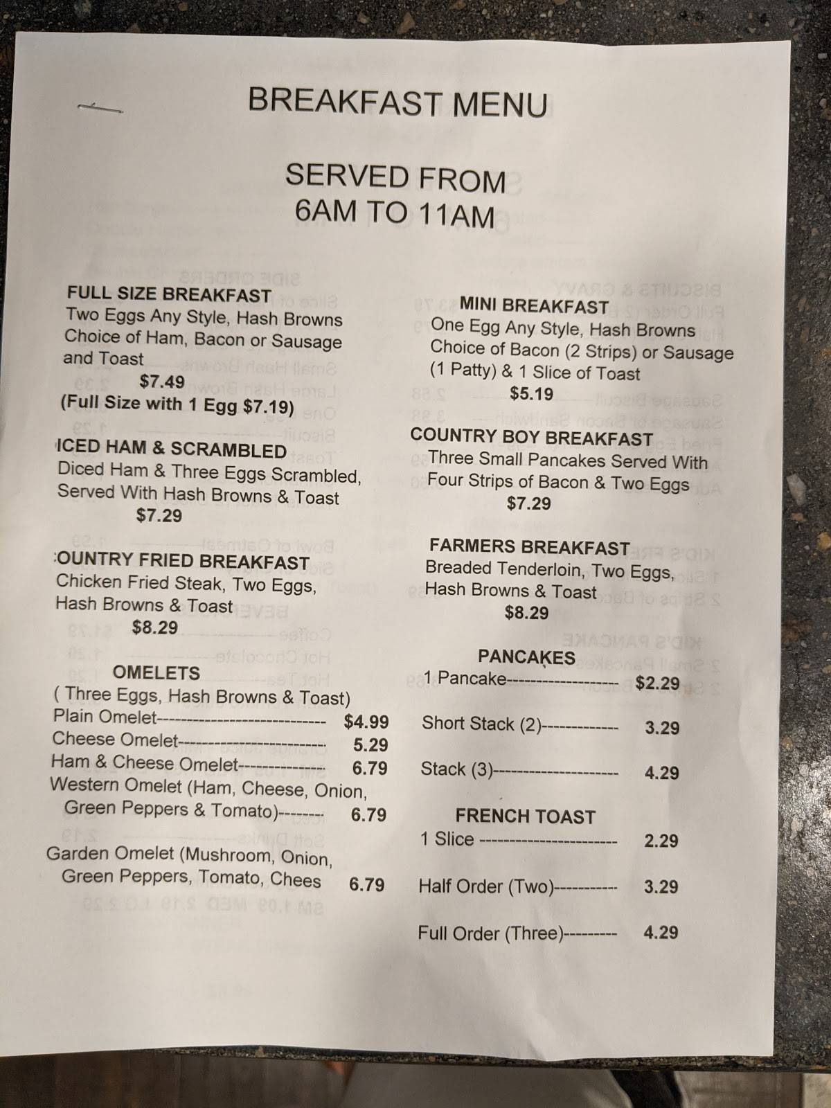 Menu at Gray's Cafe, Adrian