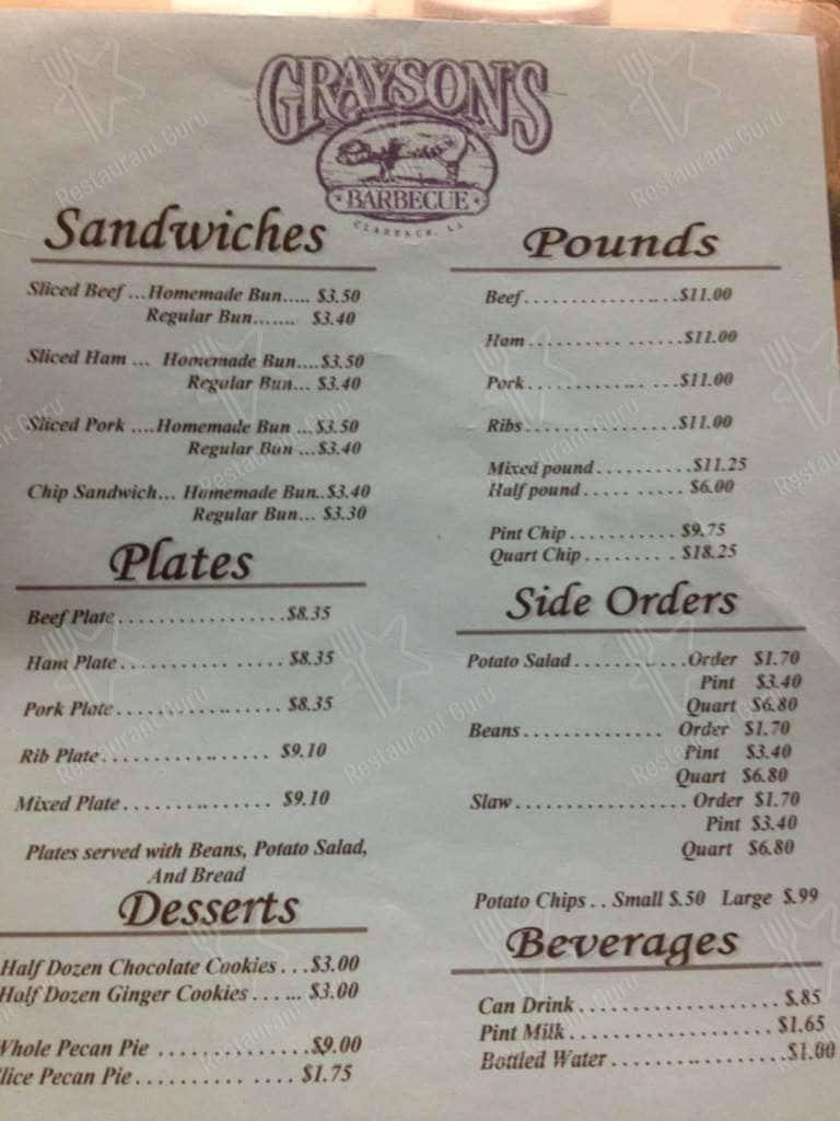 Menu at Grayson's Barbeque, Clarence