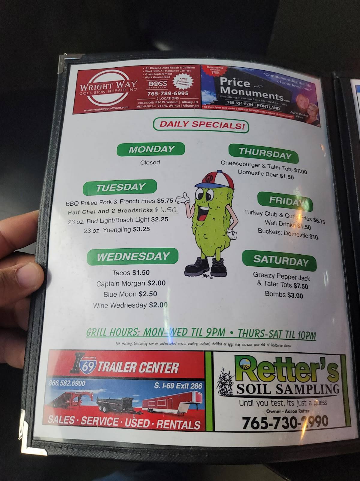 Меню паба и бара Greazy Pickle, Портленд