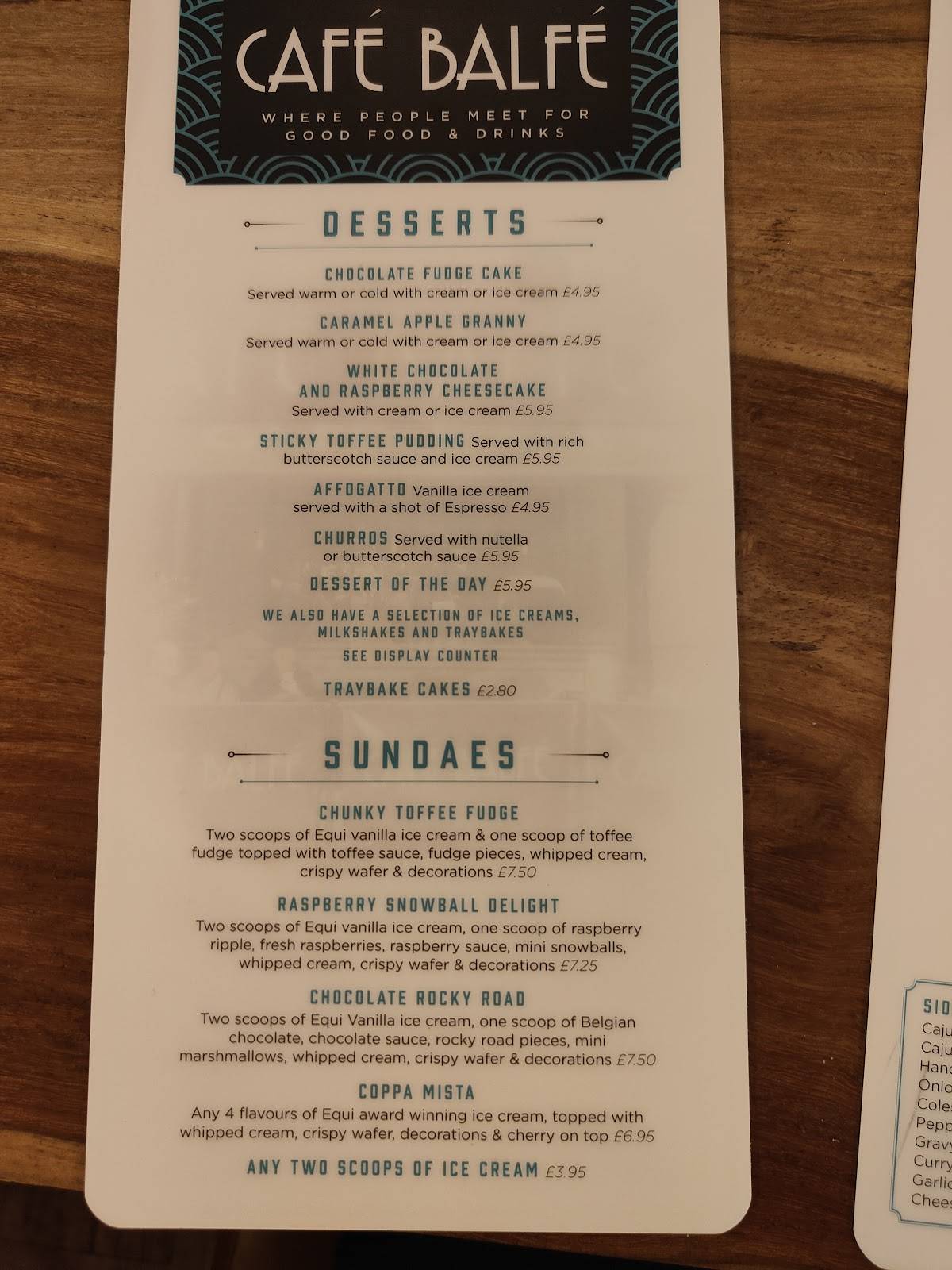 Menu at Cafe Balfe, Greenock