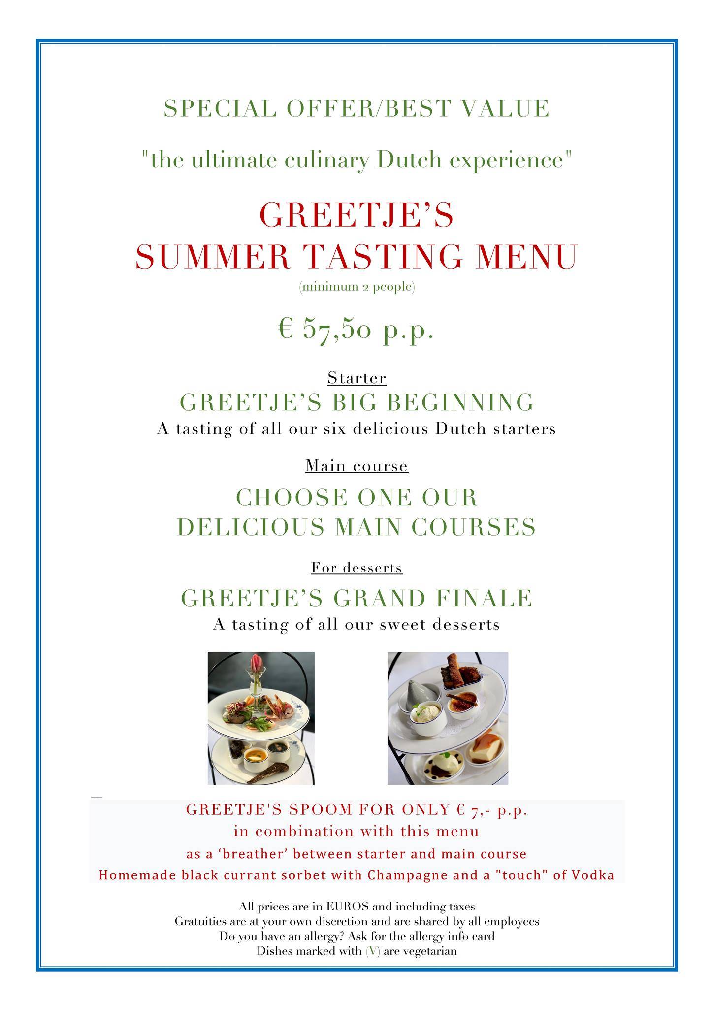 Menu at Greetje, Amsterdam