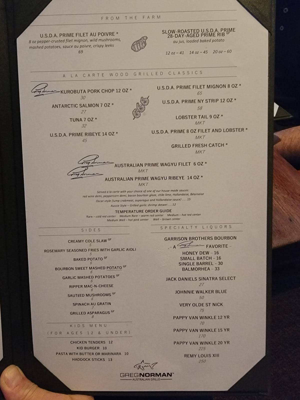 Menu at Greg Norman Australian Grille steakhouse, North Myrtle Beach