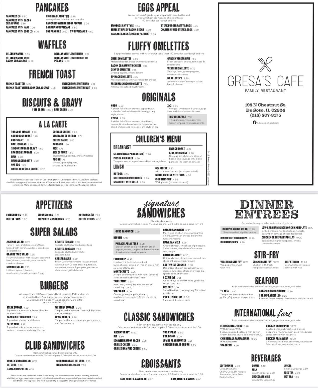Menu at Gresa's Cafe, De Soto