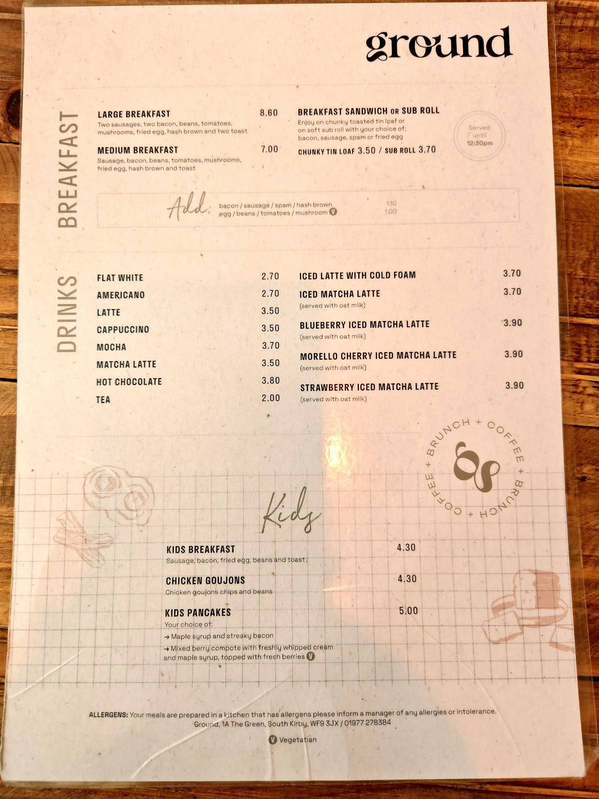 Menu at Ground restaurant, South Elmsall