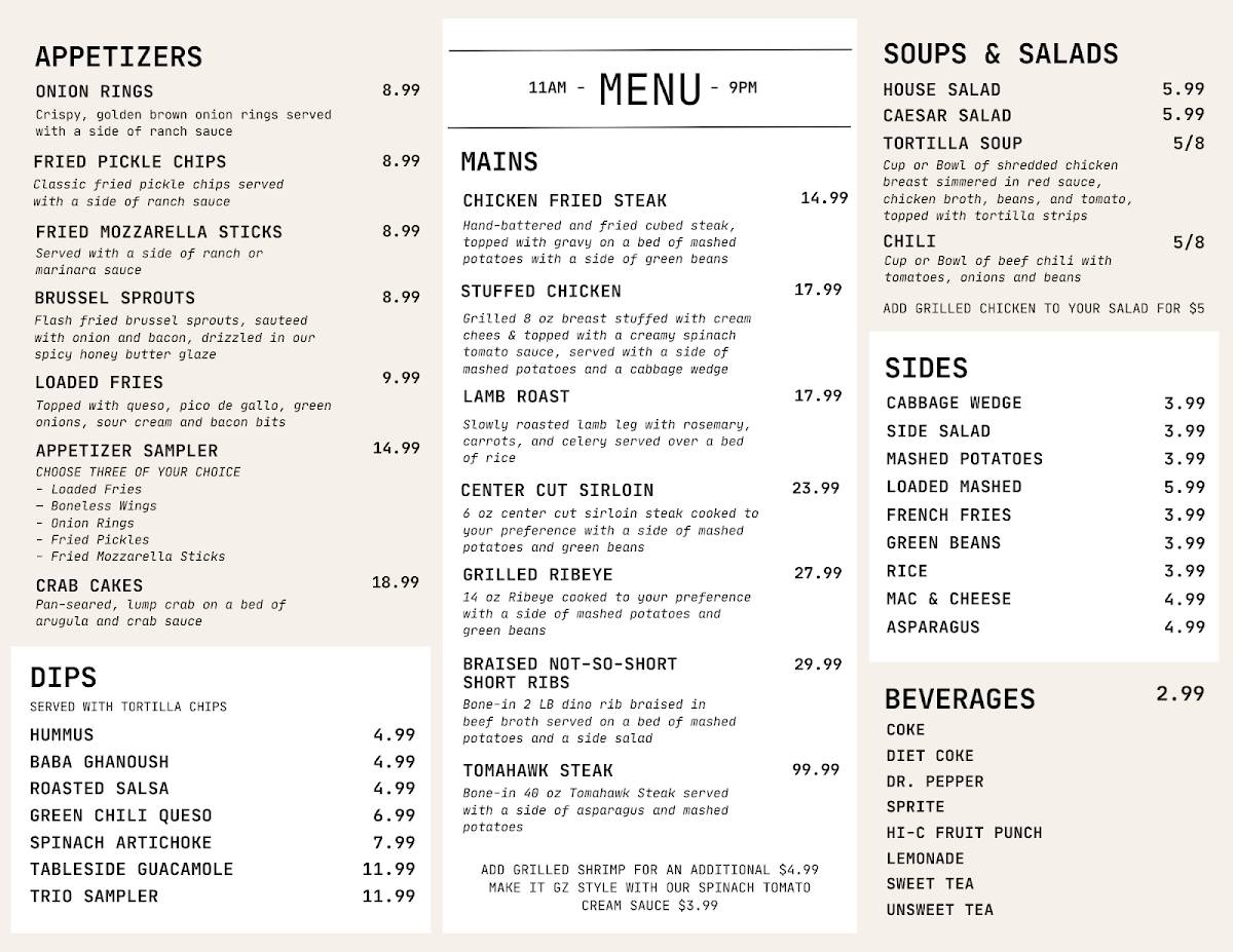 Menu at Ground Zero pub & bar, Lubbock