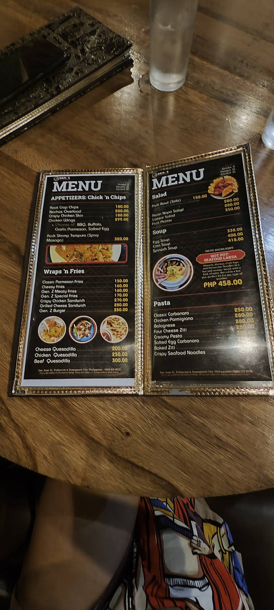 Menu at Ground Zero Restaurant, Dumaguete
