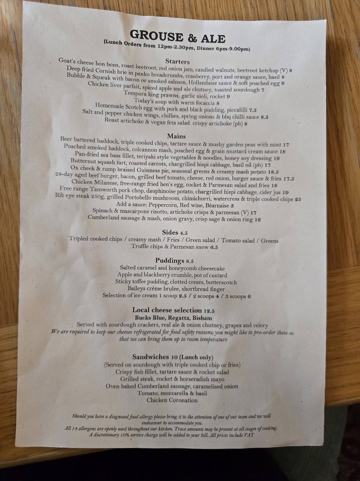 Menu at Grouse & Ale pub & bar, High Wycombe