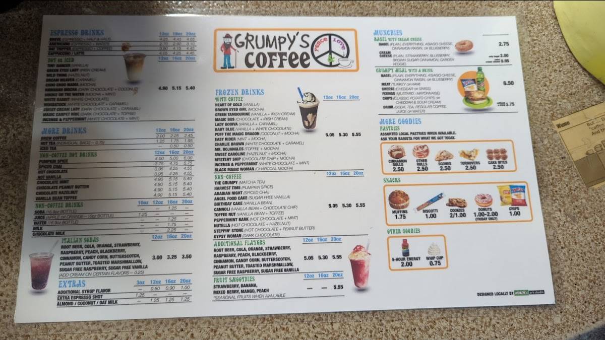 Menu at Grumpy's Coffee, Gravette