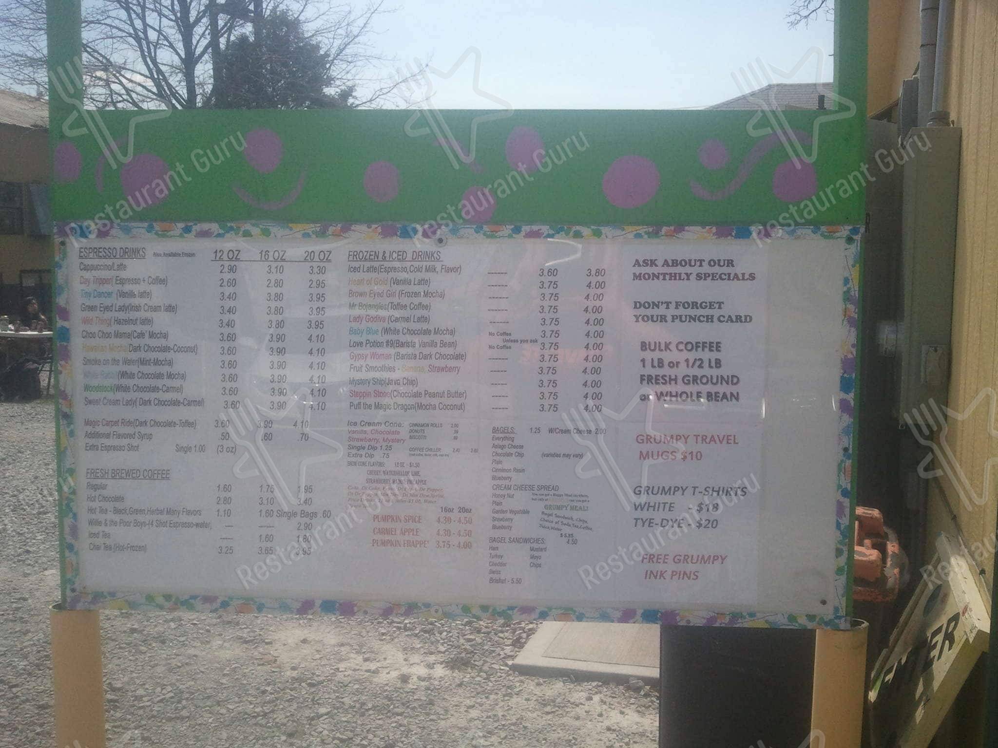 Menu at Grumpy's Coffee, Gravette