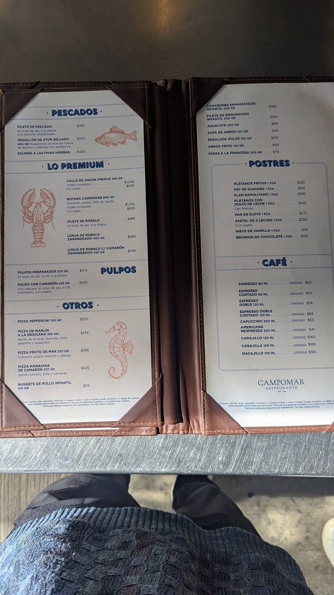 Menu at Campomar restaurant, Guadalajara, San Dionisio 33