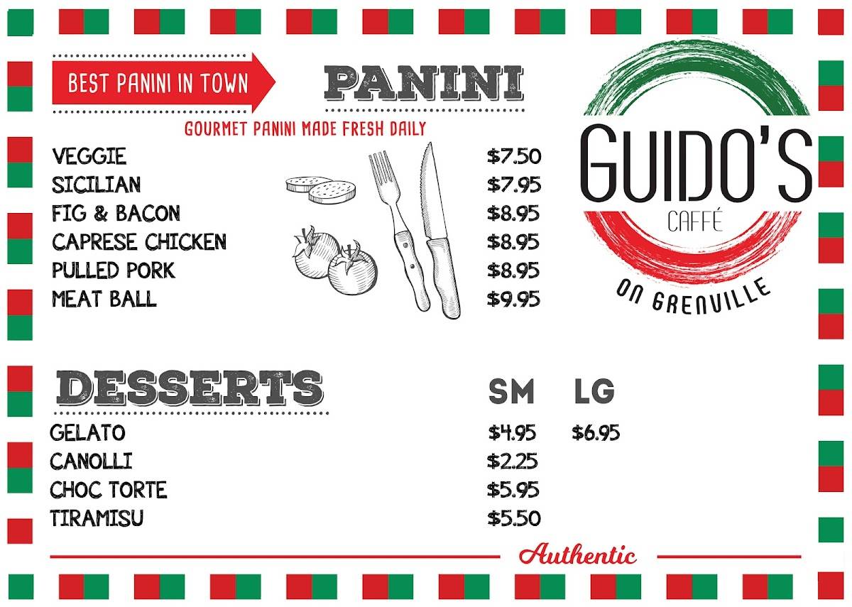 Menu at Guidos Gourmet cafe, Victoria