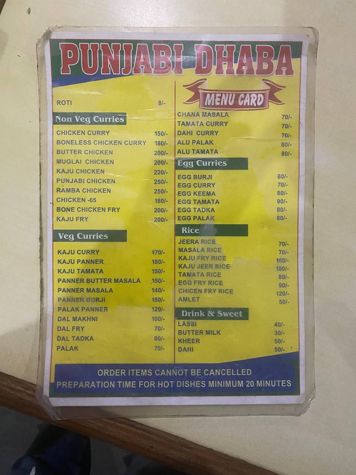 Menu at Gunndrampally Punjabi Dhaba, India, 6XHX+XR6