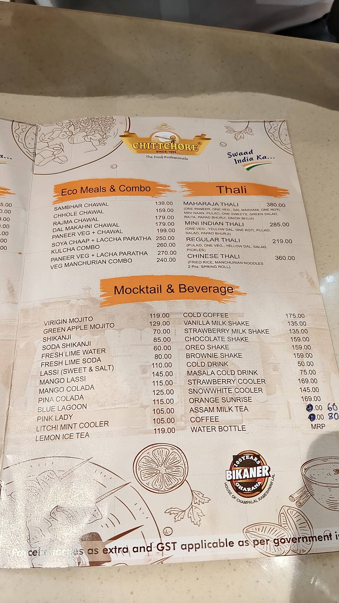 Menu at CHITTCHORE- BIKANER GHARANA- RESTAURANT., Guwahati