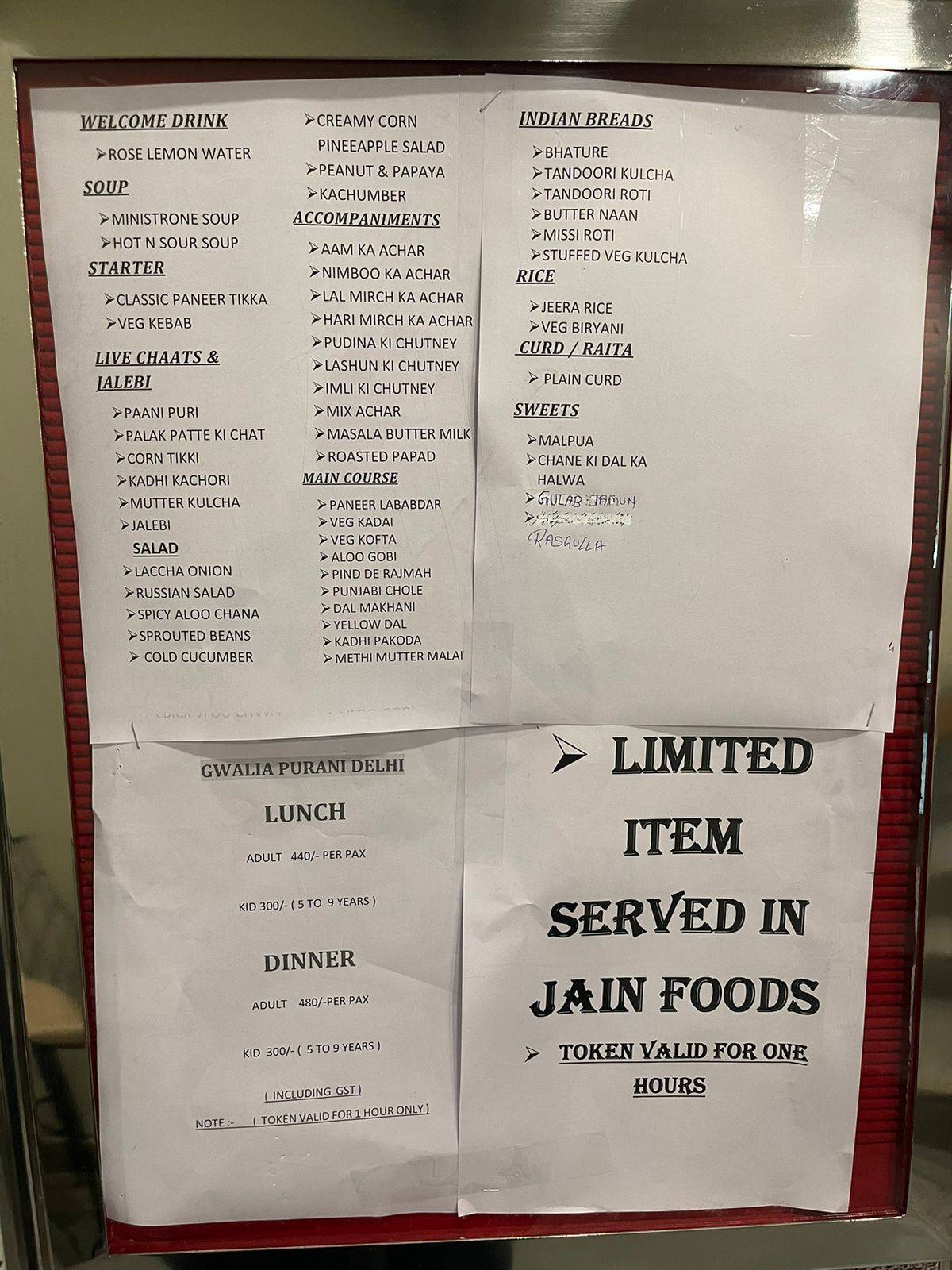 Menu at Gwalia Purani Delhi, Ahmedabad
