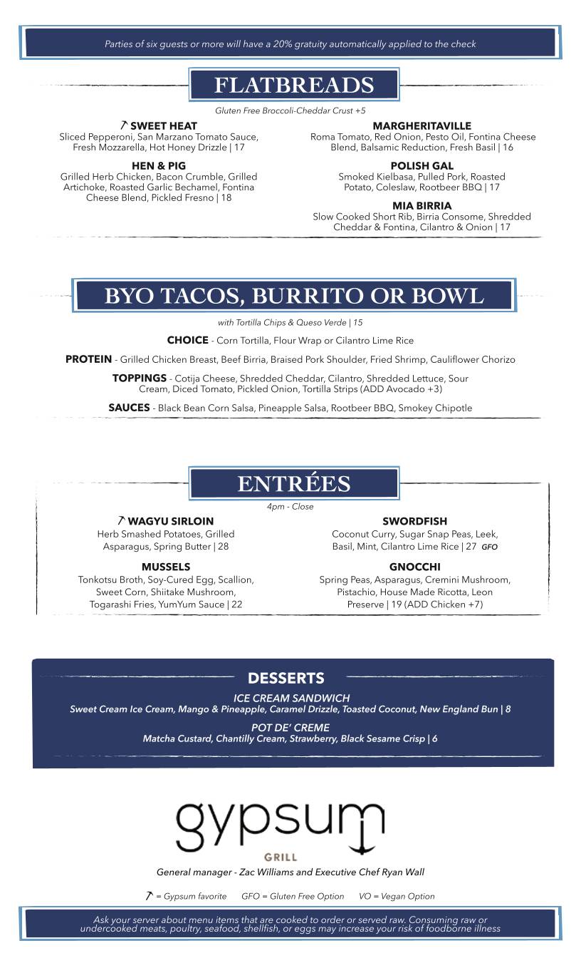 Menu at Gypsum Grill and Event Center restaurant, Grand Rapids