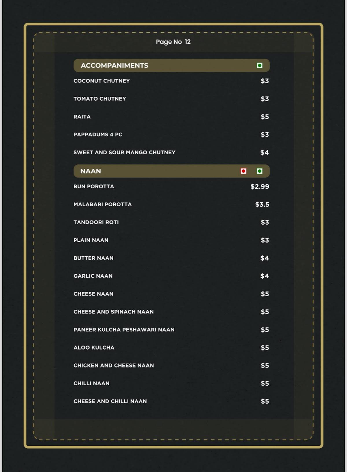 Menu at HALDI Indian restaurant, Toowoomba City