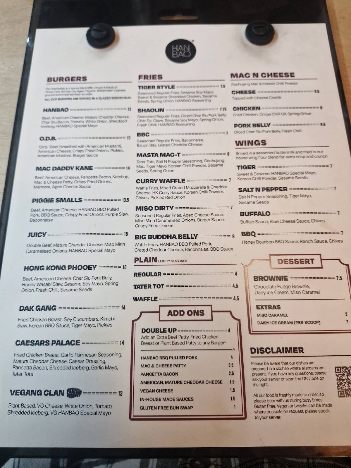 Menu at HANBAO pub & bar, Worcester