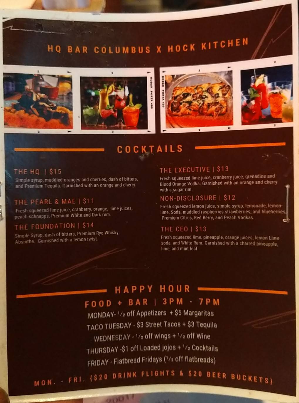 Menu at HEADQUARTERS BAR featuring HOCK Kitchen Experience, Columbus
