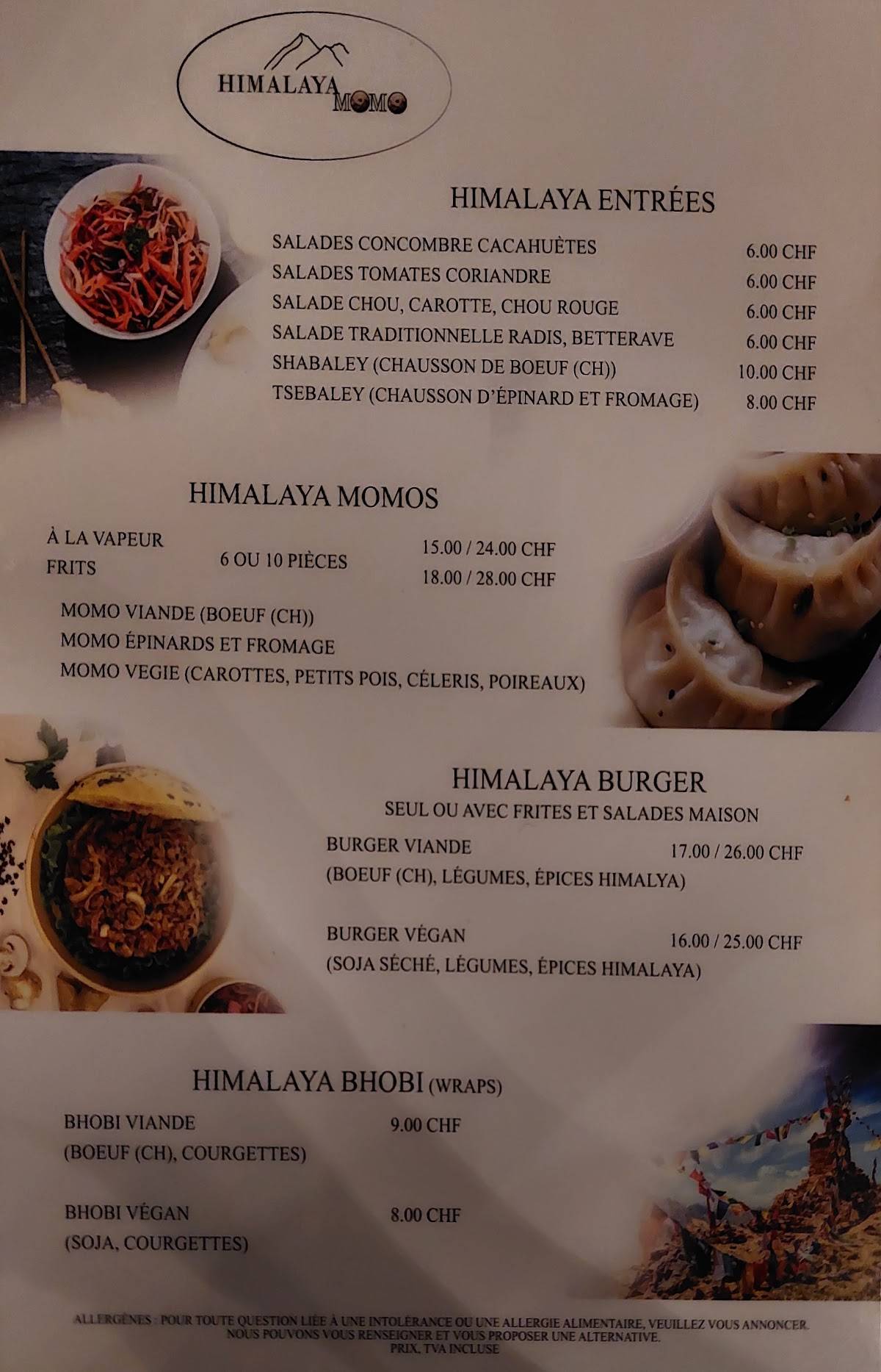 Menu au Himalaya Momo, Neuchâtel