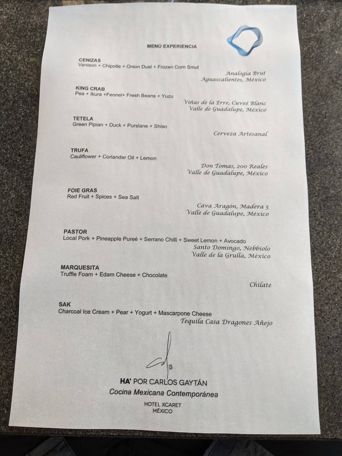 Carta de Ha - Restaurante Hotel Xcaret, Playa del Carmen