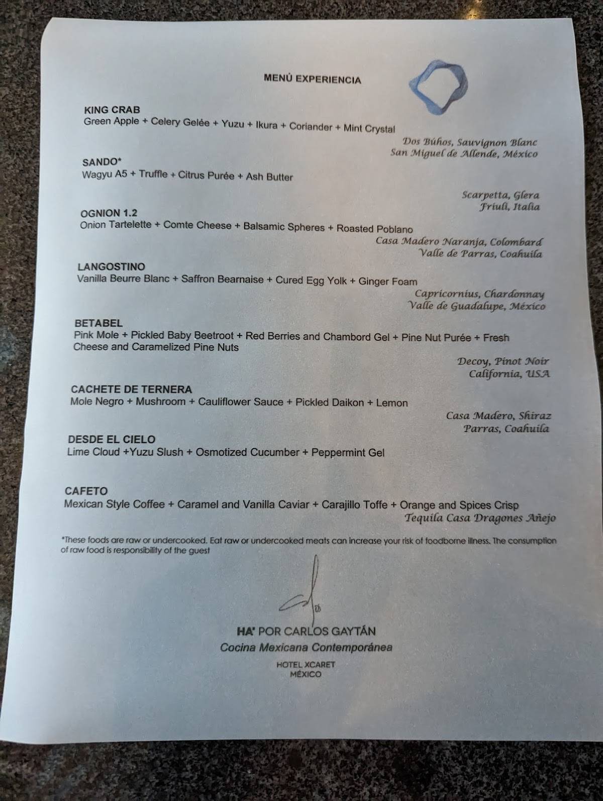 Carta de Ha - Restaurante Hotel Xcaret, Playa del Carmen