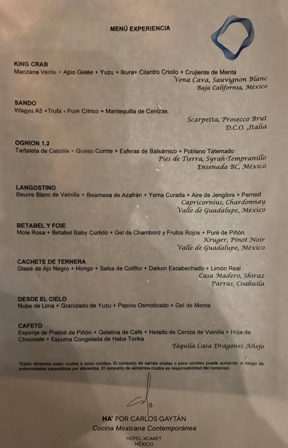 Carta de Ha - Restaurante Hotel Xcaret, Playa del Carmen