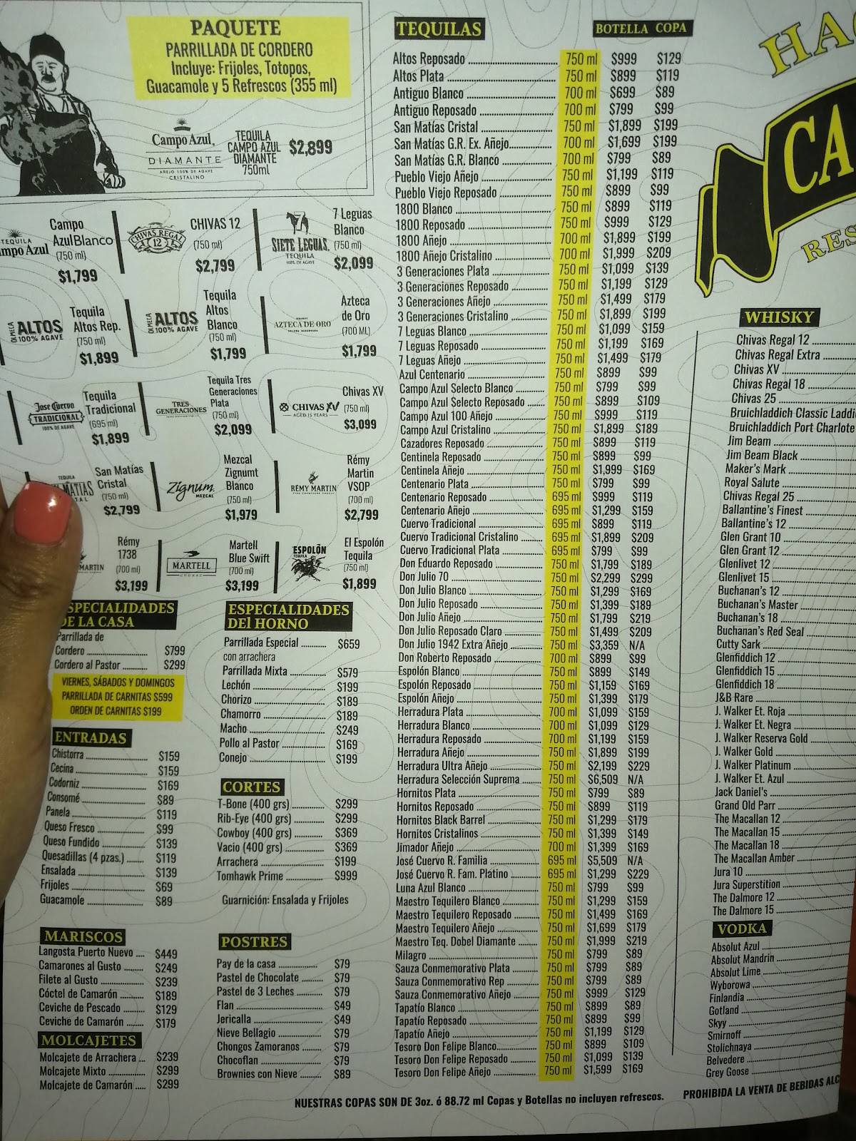 Carta del restaurante Hacienda Canelos, Zapopan