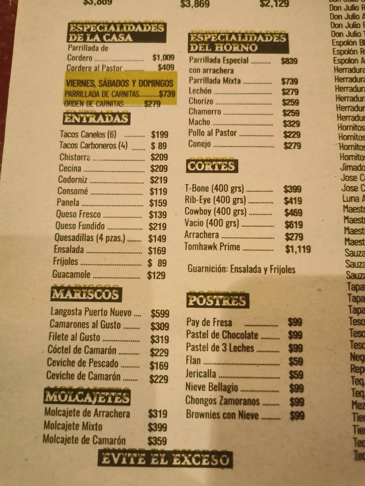 Carta del restaurante Hacienda Canelos, Zapopan