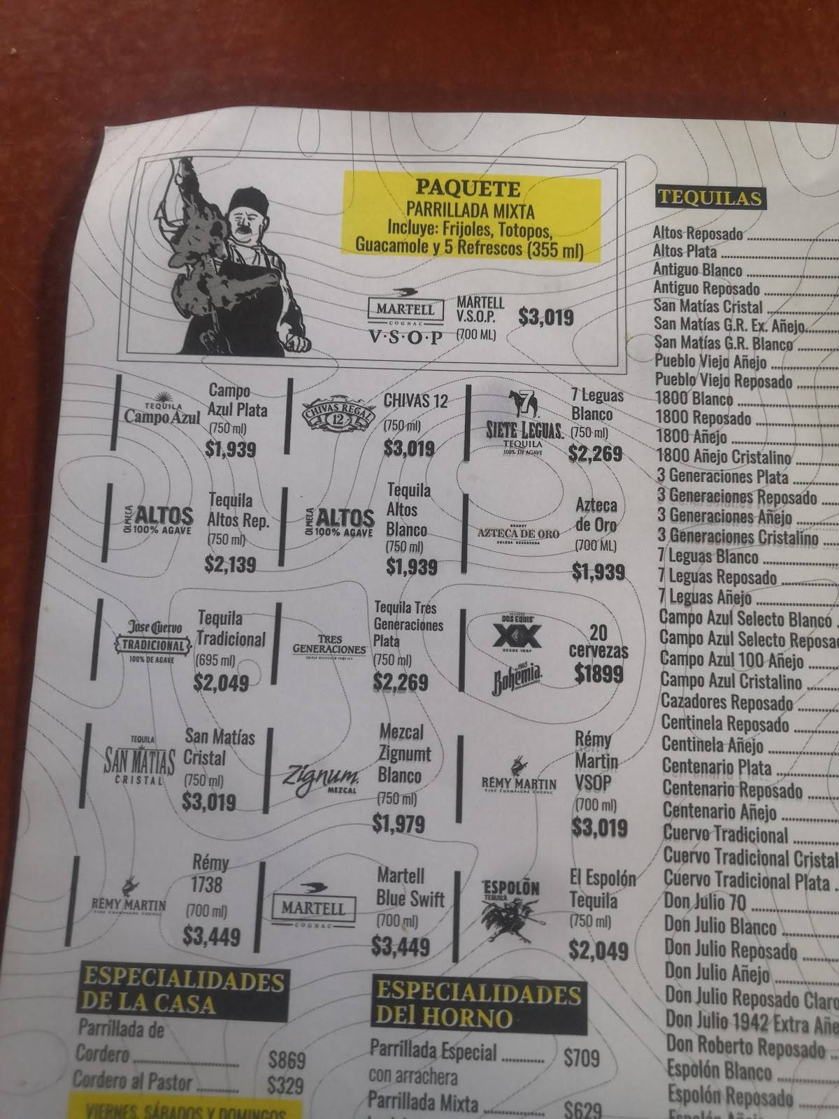 Carta del restaurante Hacienda Canelos, Zapopan