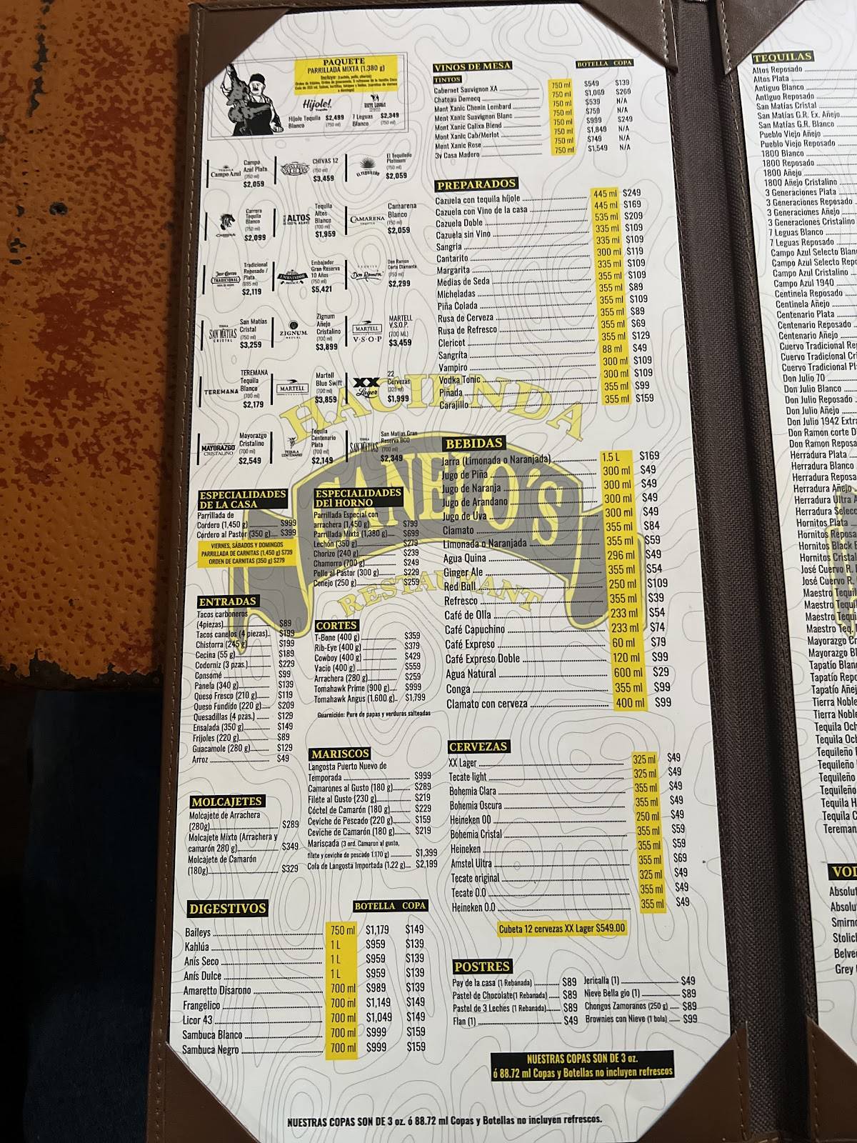 Carta del restaurante Hacienda Canelos, Zapopan