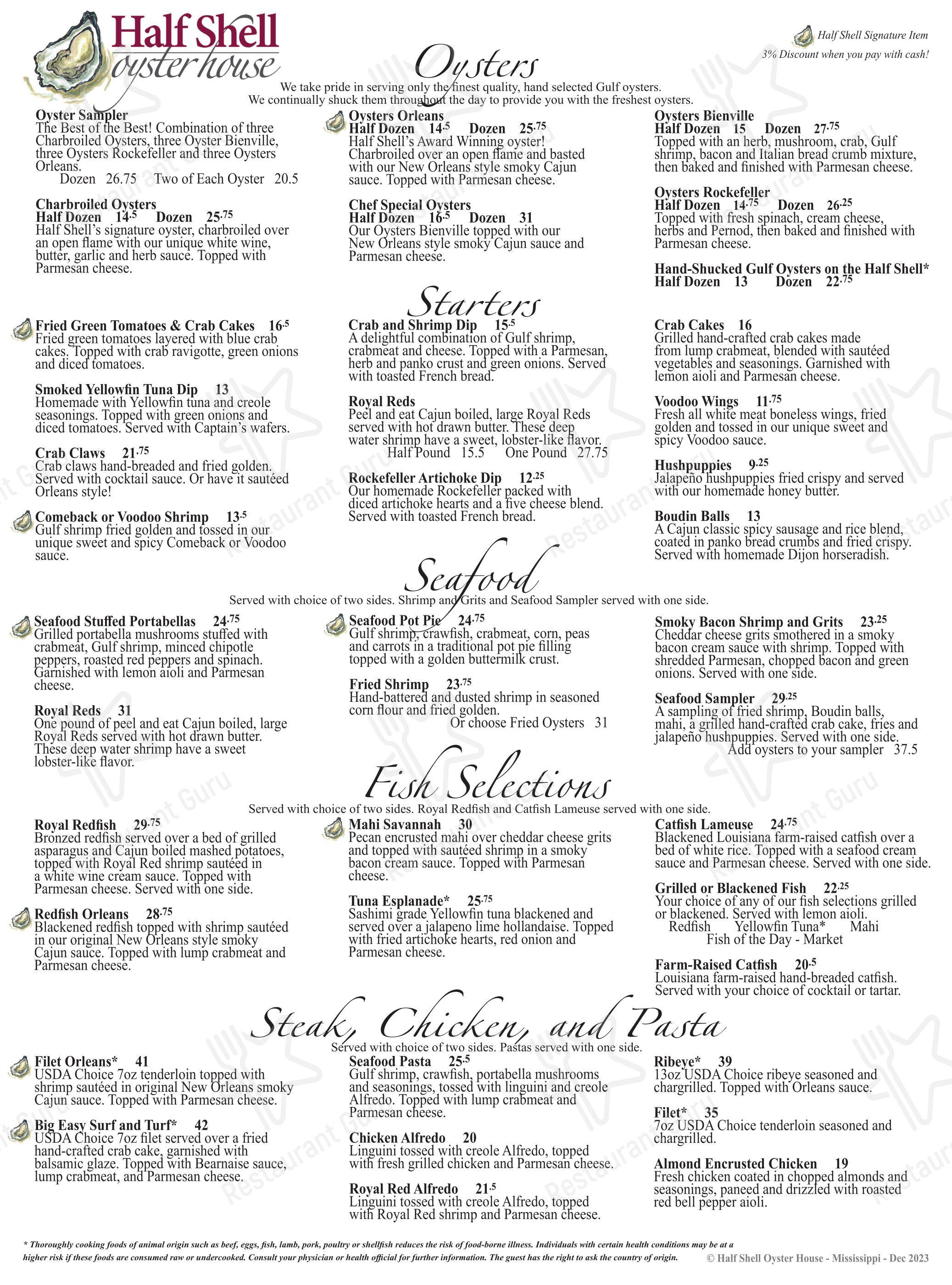 Menu at Half Shell Oyster House restaurant, Gulfport