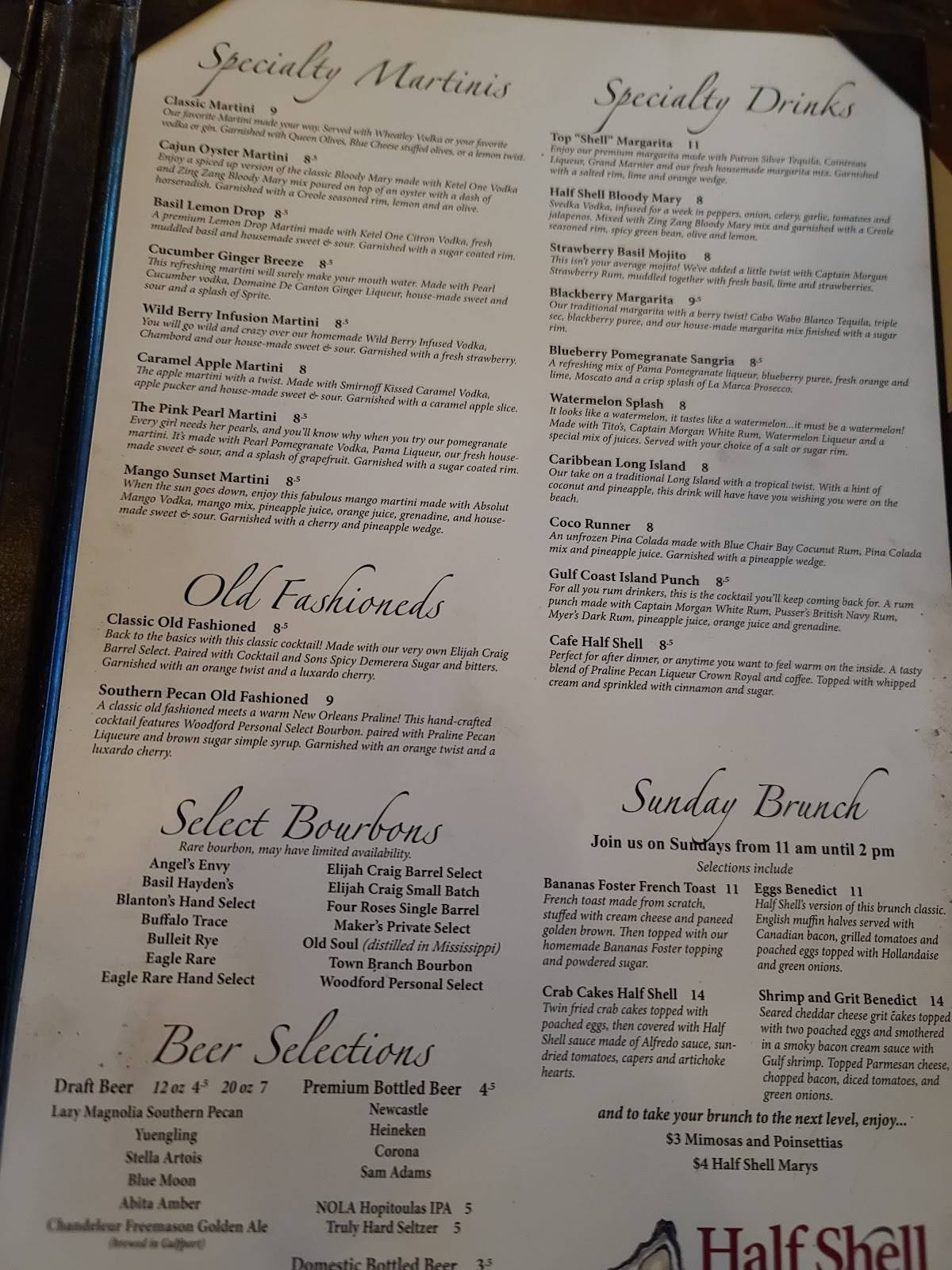 Menu at Half Shell Oyster House restaurant, Gulfport
