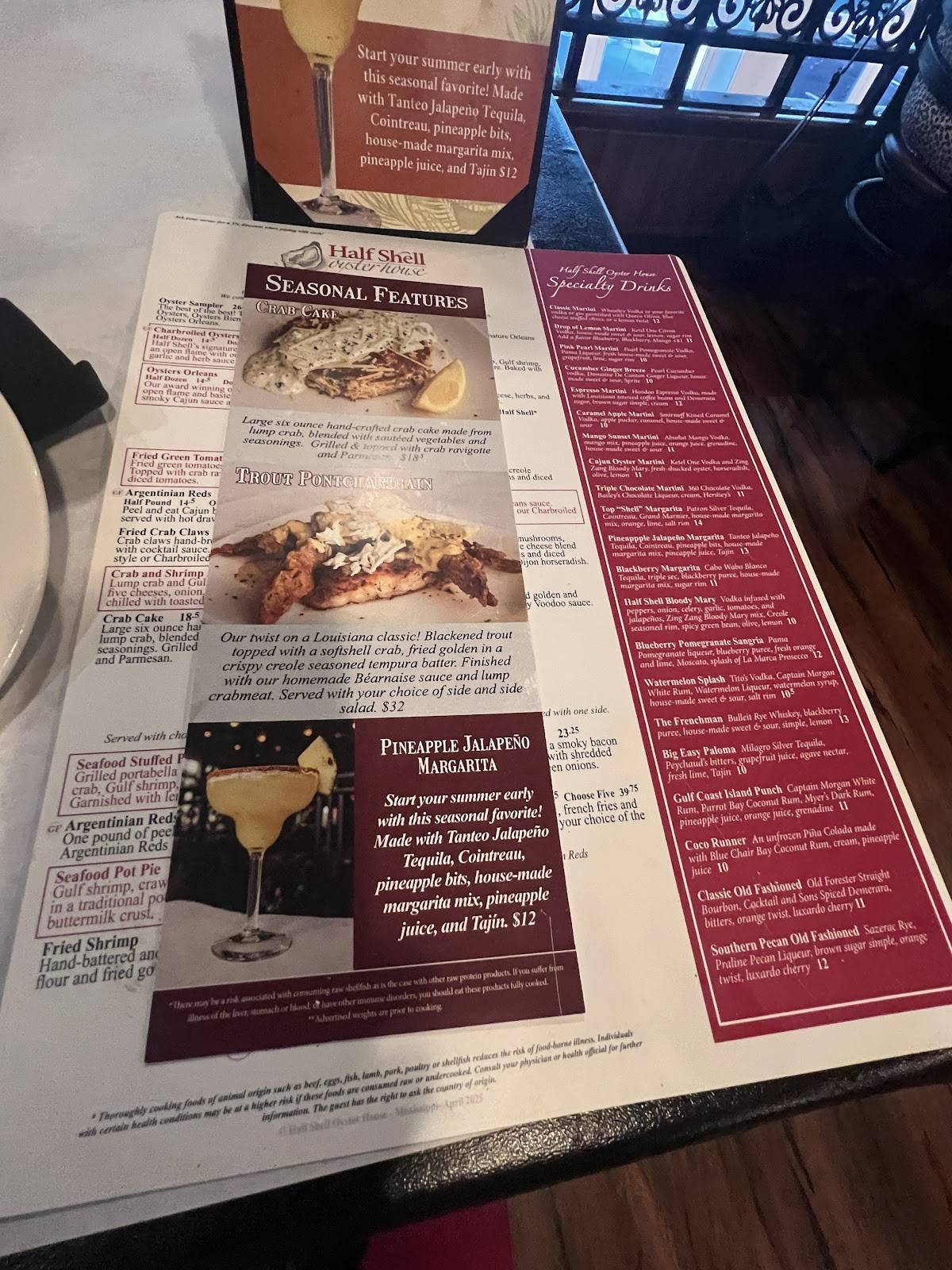 Menu at Half Shell Oyster House restaurant, Gulfport