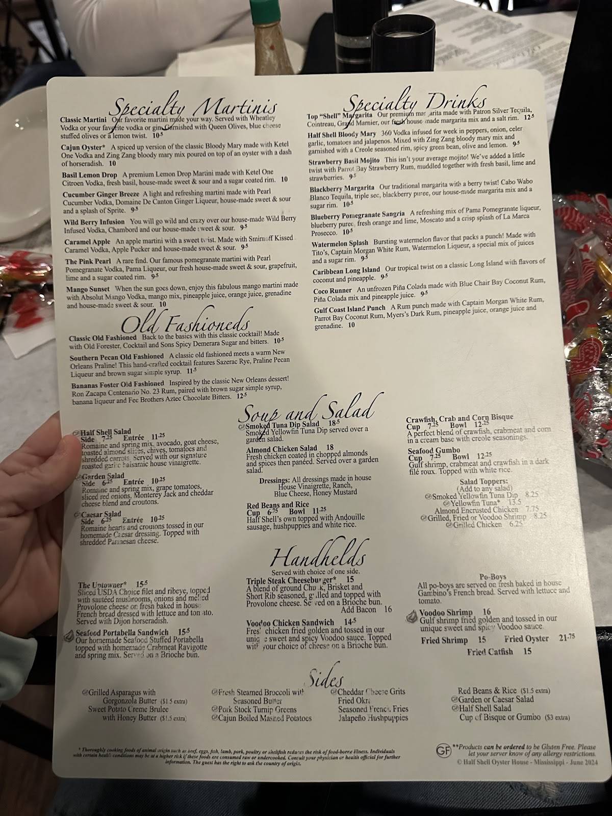 Menu at Half Shell Oyster House restaurant, Gulfport
